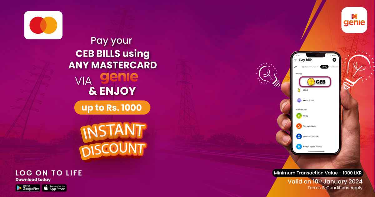 Pay CEB bills of Rs.1000/- or more via genie and enjoy discounts ...