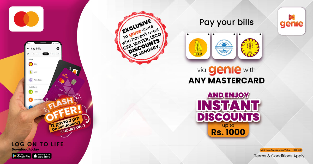 Pay CEB,Water,LECO bills of Rs.1000/- or more via genie and enjoy ...