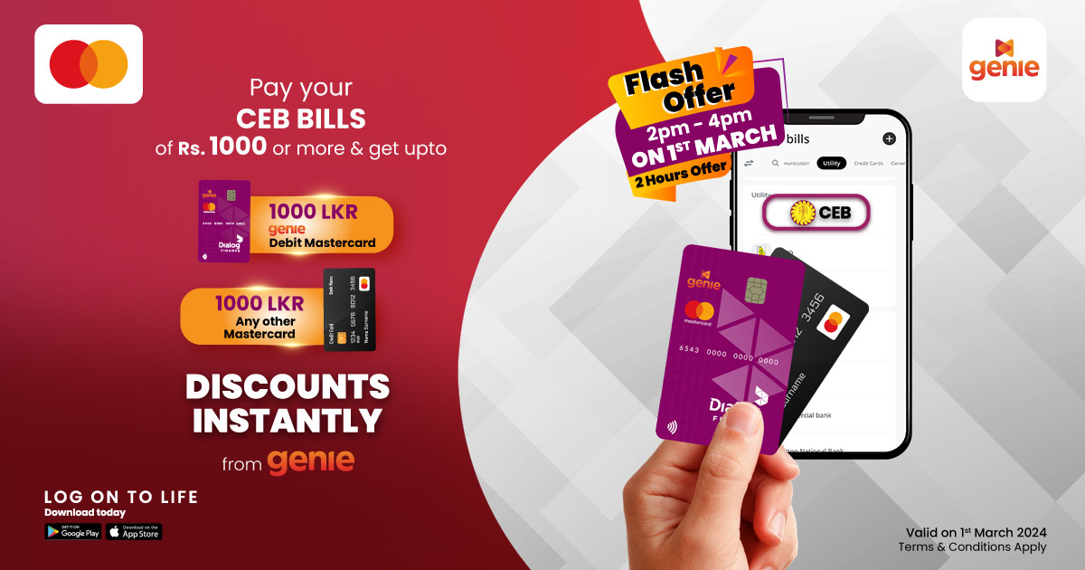 Pay CEB bills of Rs.1000/- or more via genie and enjoy discounts ...