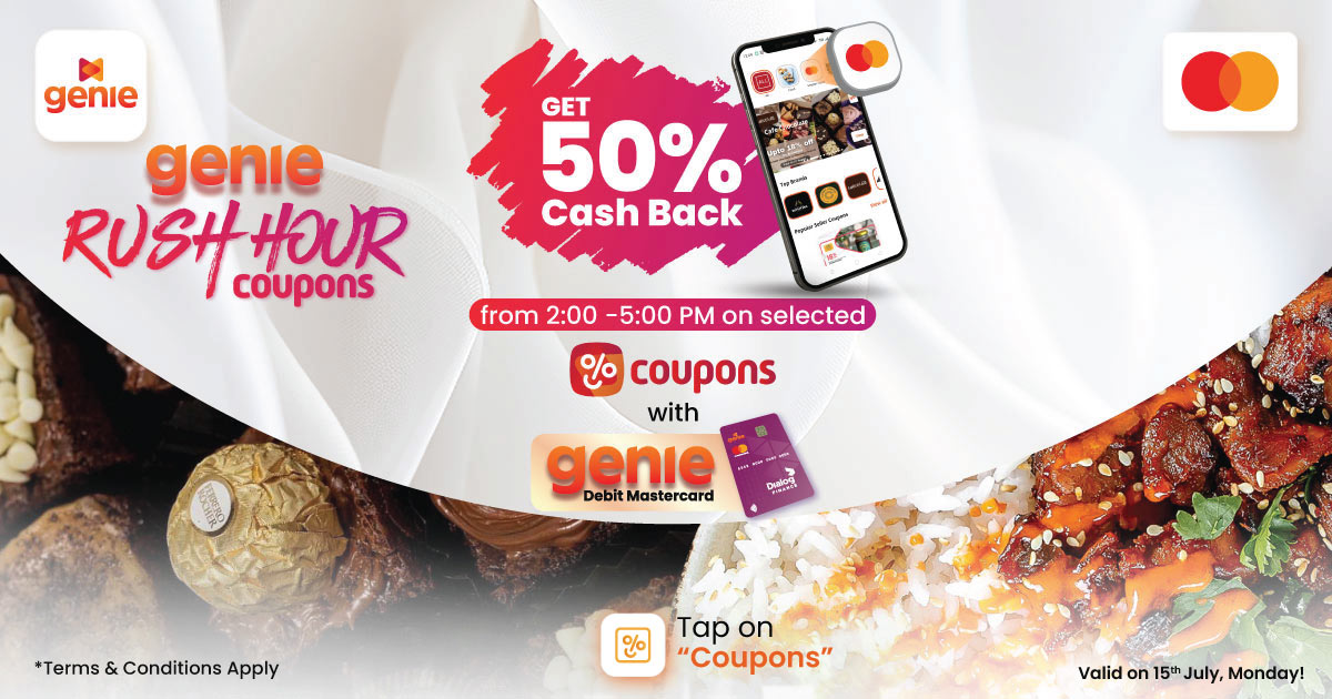 “Rush hour offer with genie coupons” Enjoy 50% cash back when you buy genie coupons via genie ...